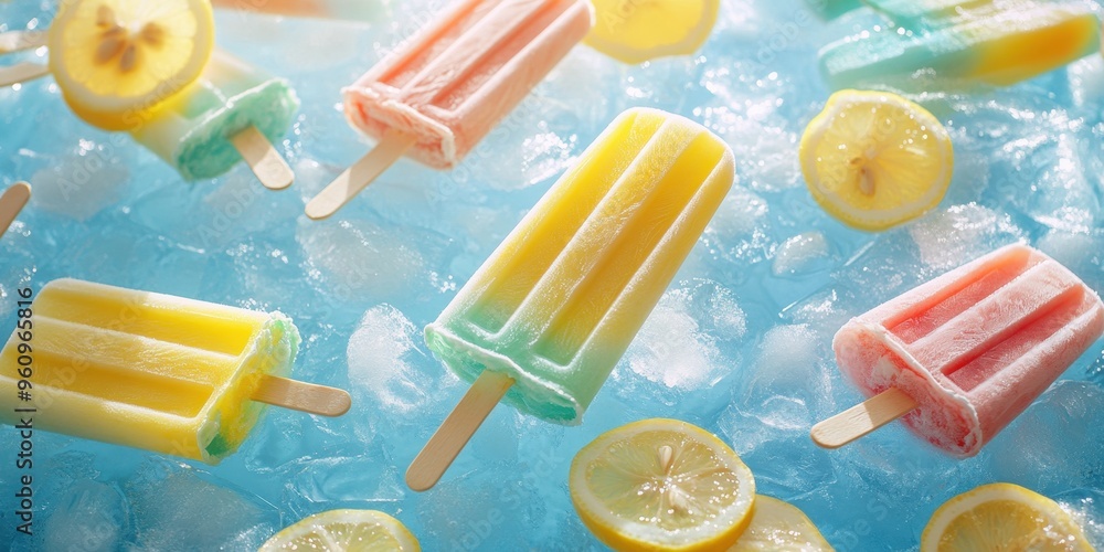 Colorful popsicles on ice, with the focus on their fresh and refreshing ...