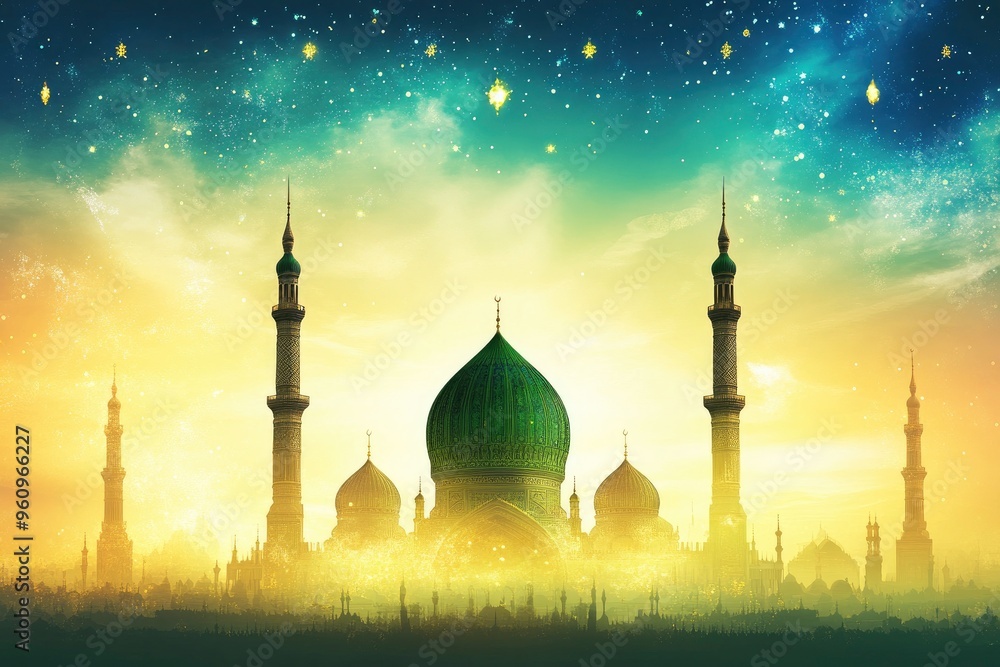 The Green dome of The Prophet's Mosque or Al Masjid Al Nabawi, a major ...