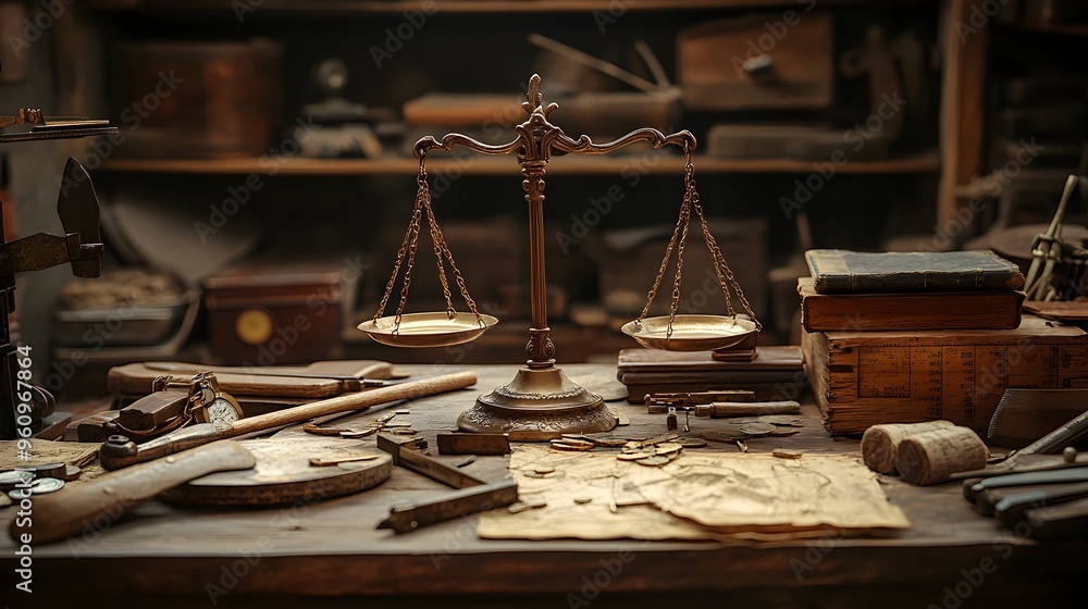 An ancient scale of justice, perfectly balanced on a table, surrounded ...