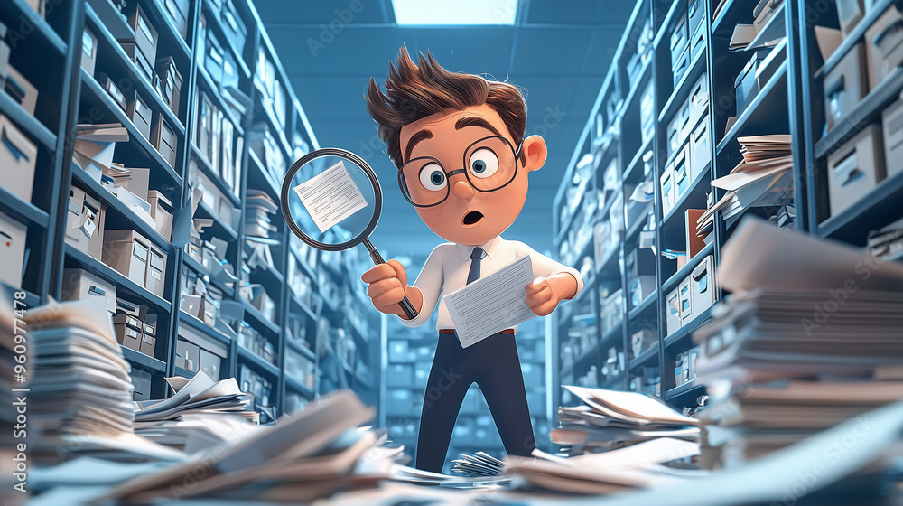 A cartoon businessman holding a giant magnifying glass, looking at a ...