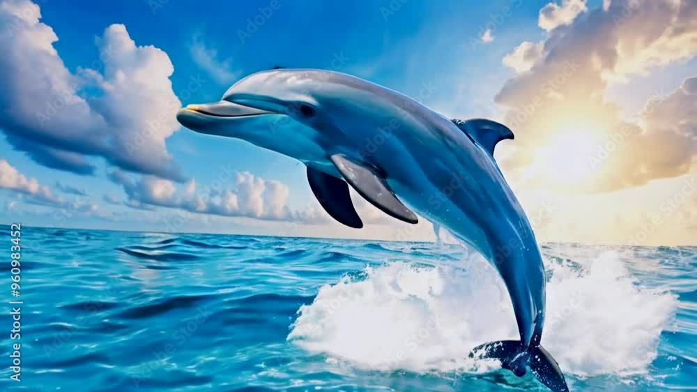 A dolphin leaps out of the water, creating a spray of water as it ...
