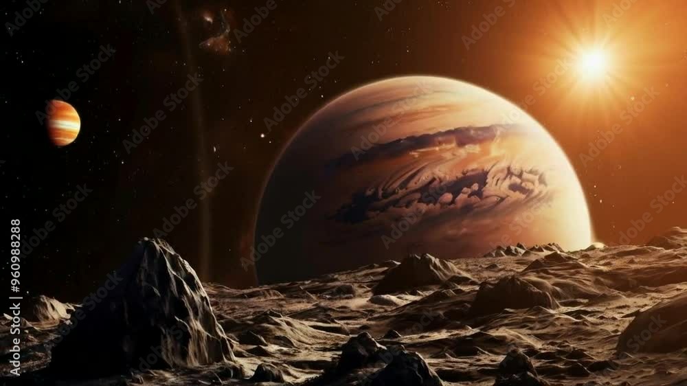 A close-up view of a large, gas giant planet in space, with a red ...