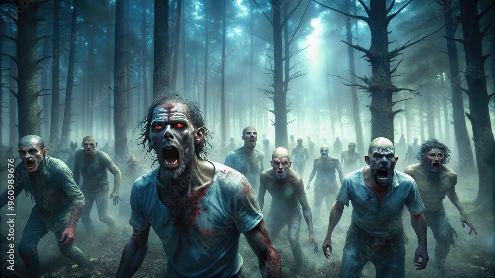 Horrifying scene of a zombie horde surging through a foggy forest ...