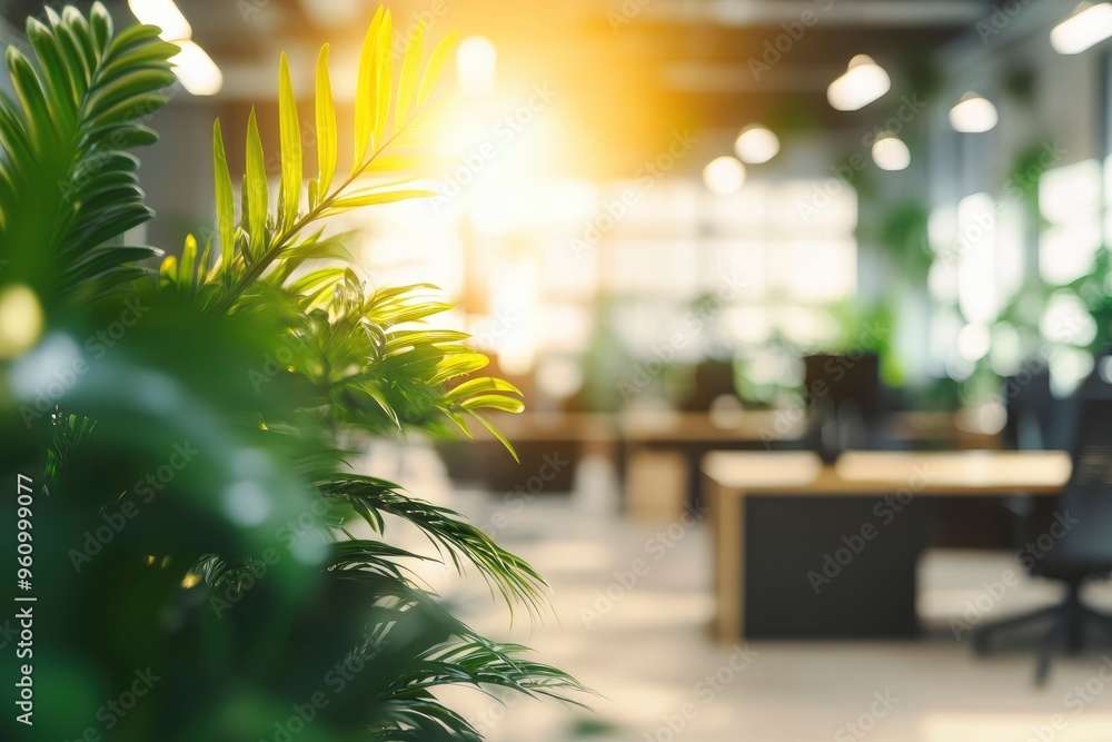 Blur background of contemporary office with greenery and bright natural ...
