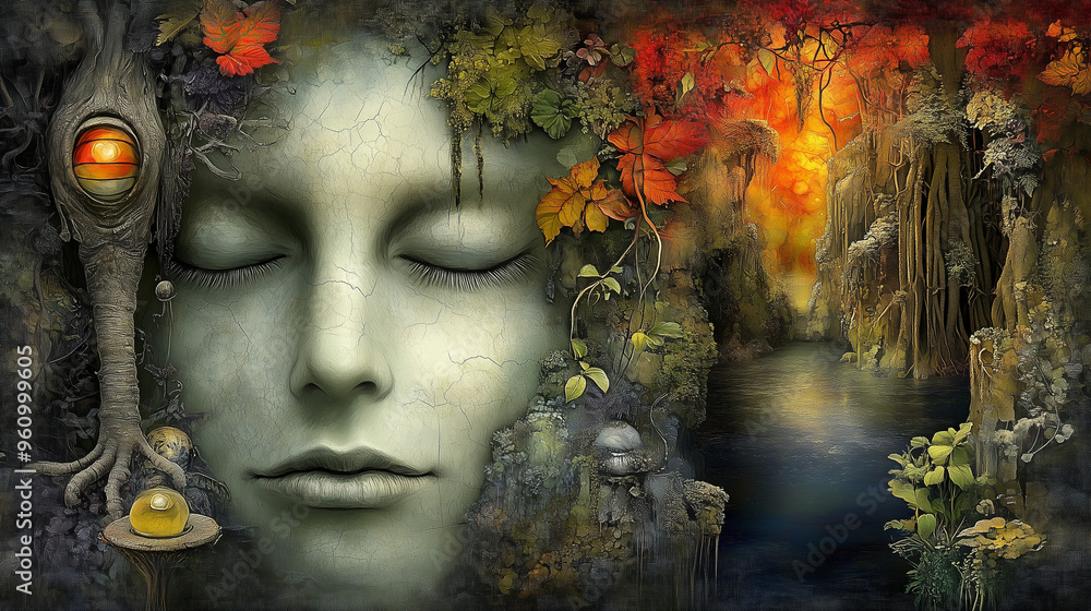 The image depicts a surreal scene with a sleeping female face merged ...