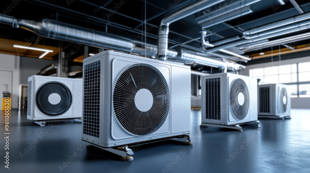 A close-up view of multiple HVAC units inside a modern industrial ...