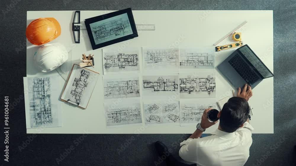 Top down aerial view of architect engineer placing building blueprint ...