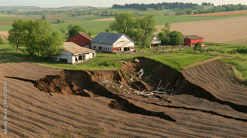 A rural landscape torn apart by violent earthquakes, with shattered ...