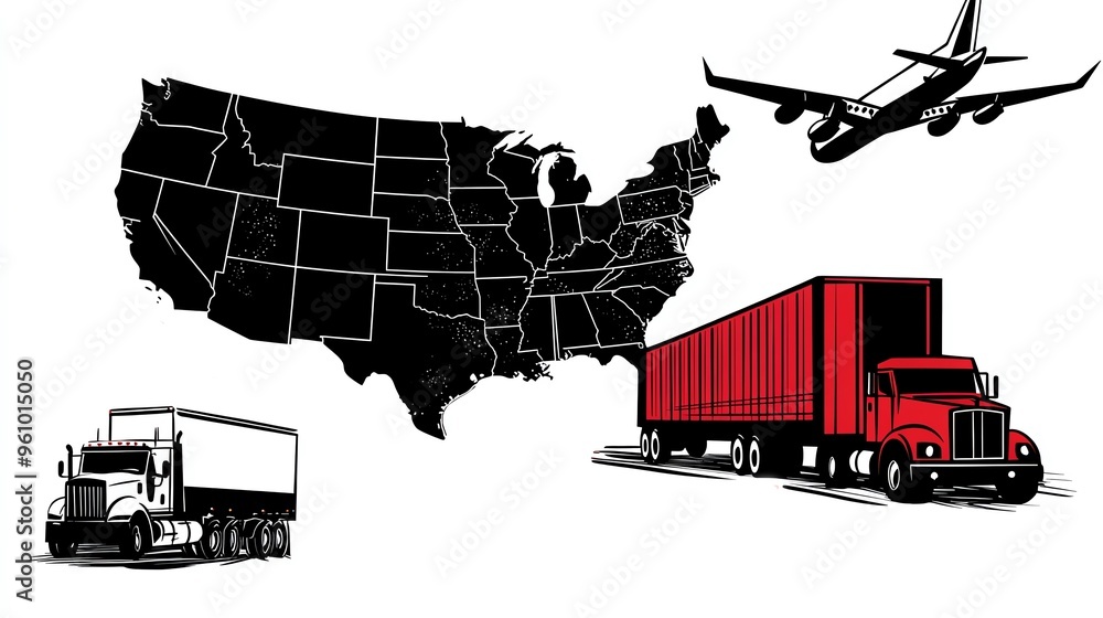 Illustration showing transport logistics with a map of the USA, a truck ...