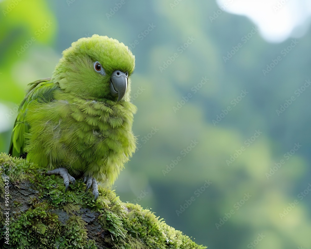 An endangered Kakapo parrot is perched on a mossy tree branch, with a ...