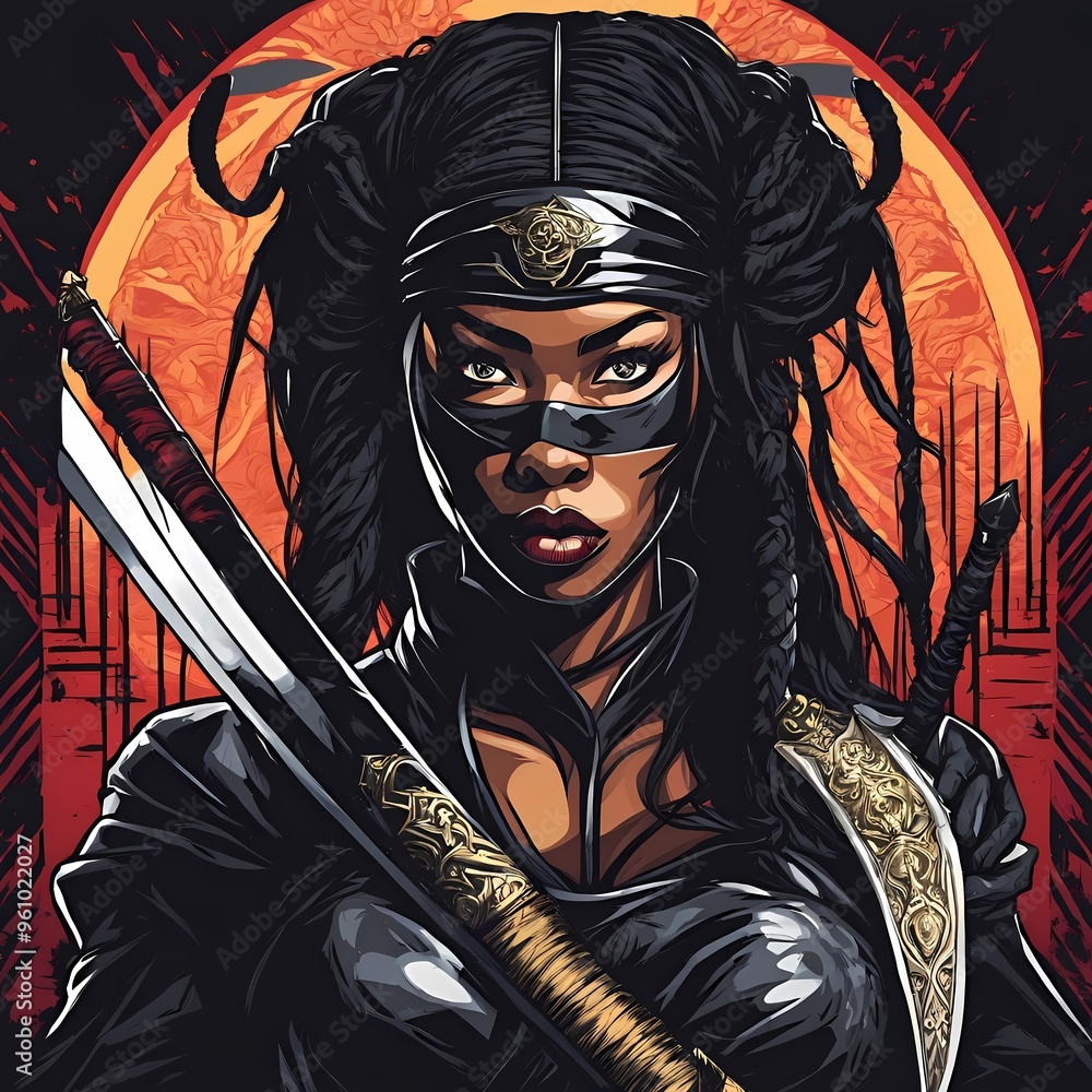 Black Woman Ninja Warrior Wearing Black Fighter Uniform, Mask and Sword ...