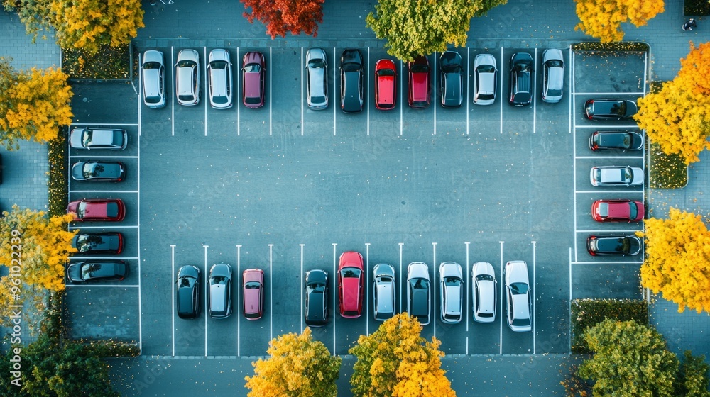 Aerial view directly above a large parking lot with car parking spaces ...