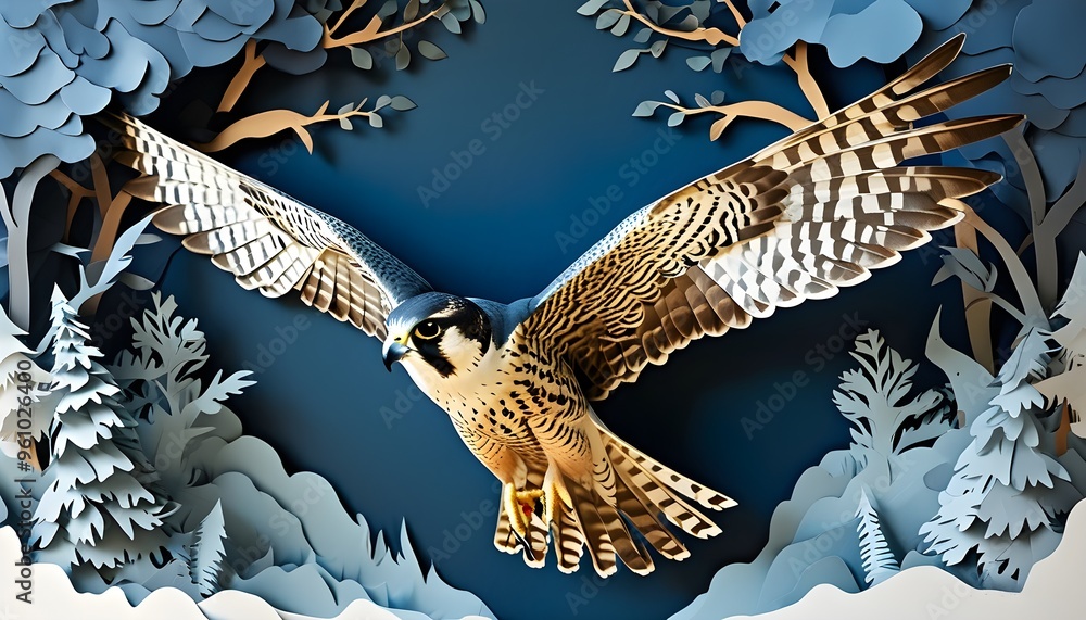 Soaring falcon silhouette in elegant paper cut design against deep navy ...