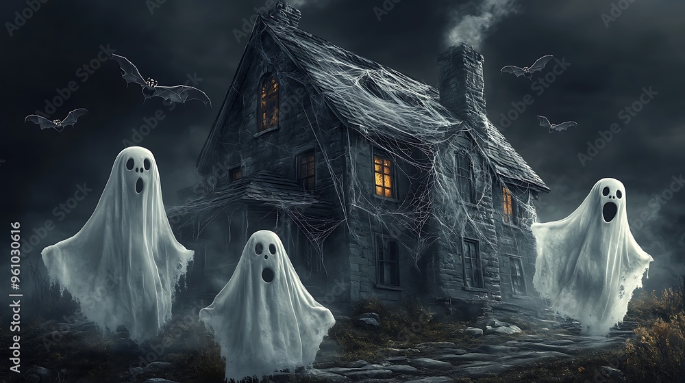Smiling ghosts flying around a creepy old house with cobwebs, on an ...