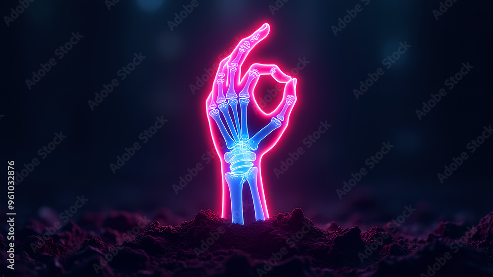 Neon pink outline of a hand rising from the damp soil The hand is ...