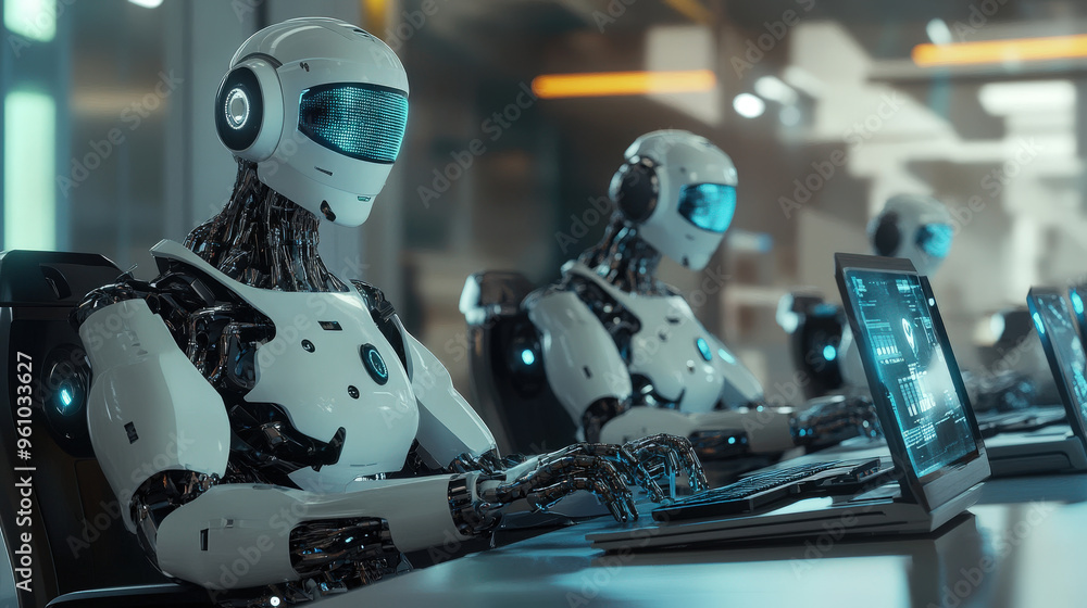 Cutting-edge office with AI-driven robots and holographic interfaces ...