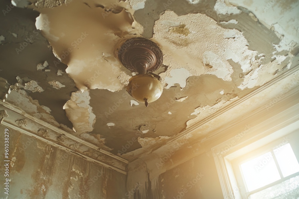 Dripping brown water on ceiling corner, detailed close-up of the damage ...