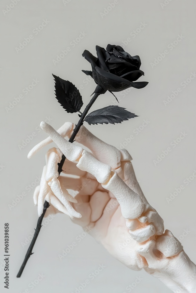 Realistic skeleton hand holding black rose, eerie Halloween object ...