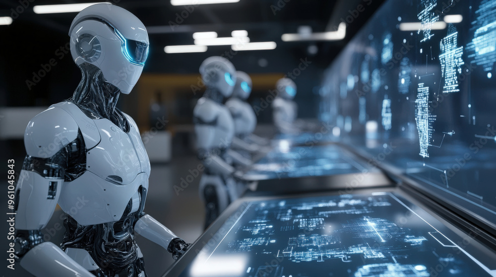 Futuristic office with AI robots interacting at holographic workstations, advanced technology ...