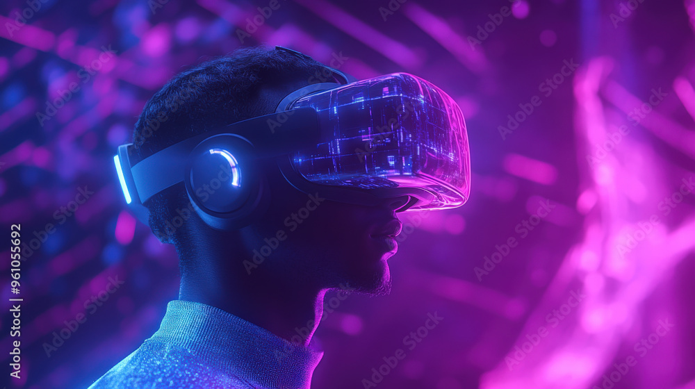 Immersive virtual reality experience with sleek VR headset, futuristic ...