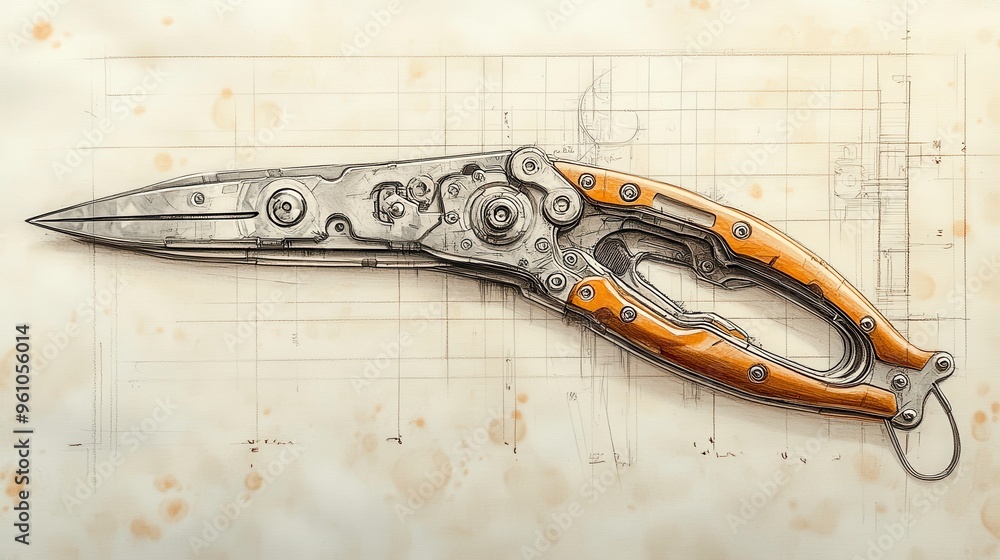 Technical drawing of pliers, showing the inner mechanism and handle ...