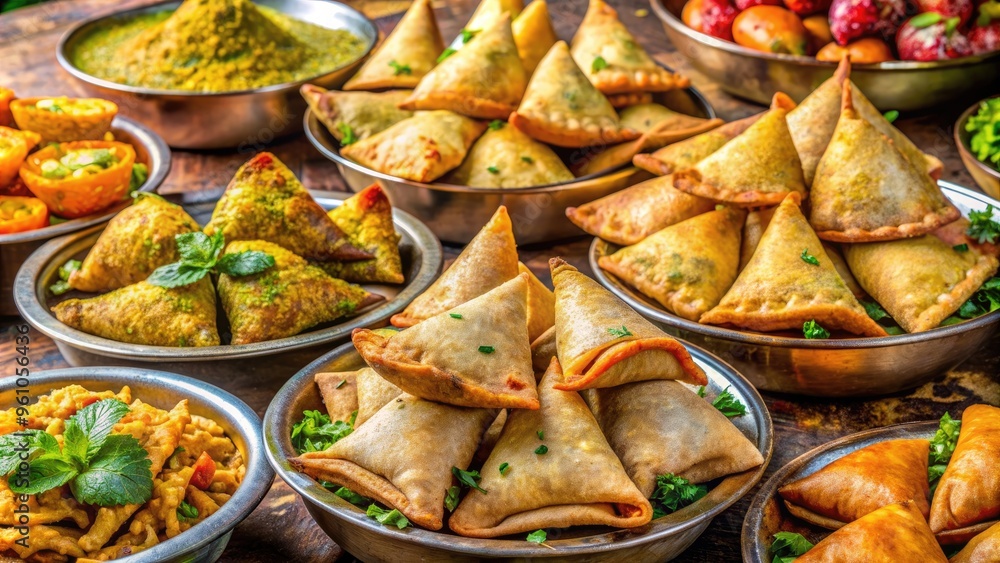 Colorful array of chaats and samosas from street, Golden Samosa Platter ...
