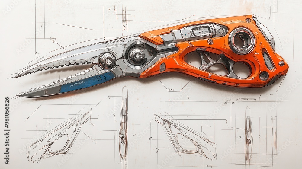 Technical design sketch of pliers, with detailed structural lines and ...