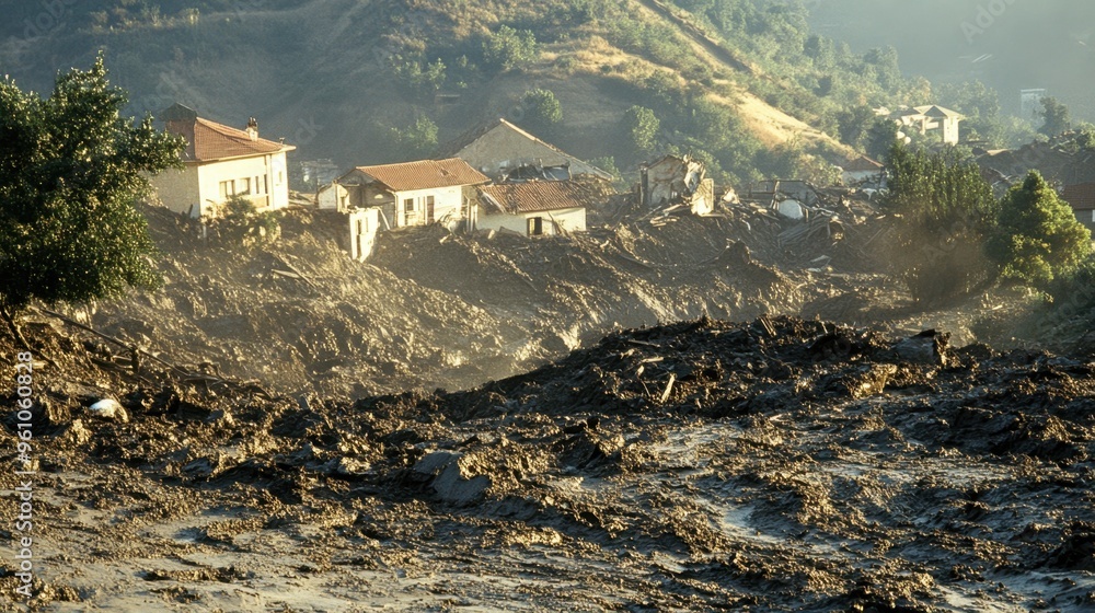 Landslide destroys village with mud and debris sliding rapidly down a ...