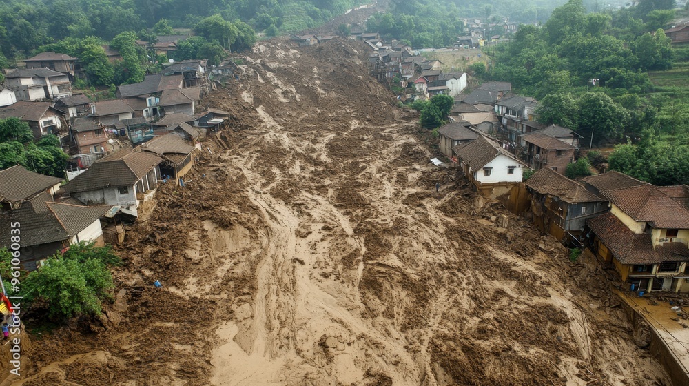 Landslide destroys village with mud and debris sliding rapidly down a ...