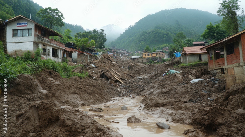 Landslide destroys village with mud and debris sliding rapidly down a ...