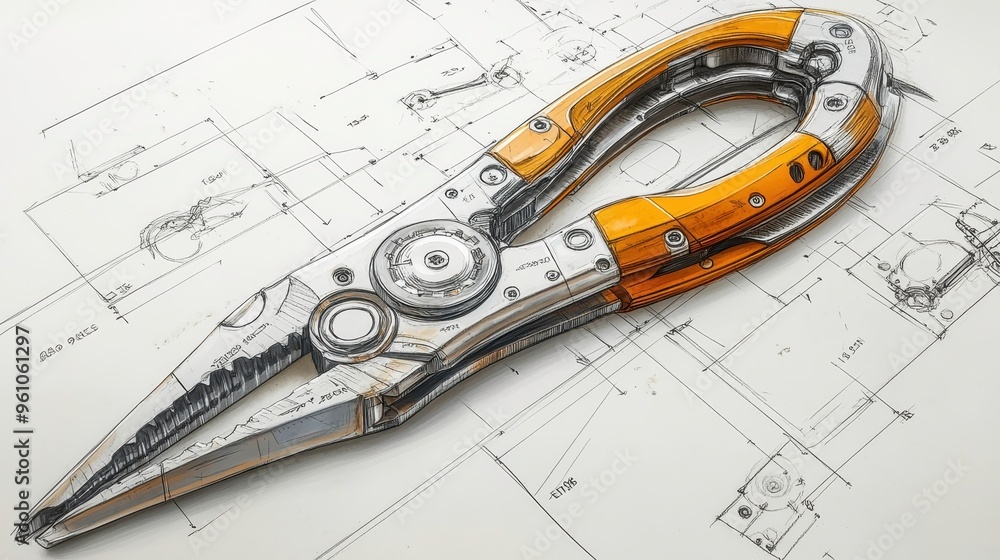 Technical sketch of pliers, showing detailed handle design and pivot ...