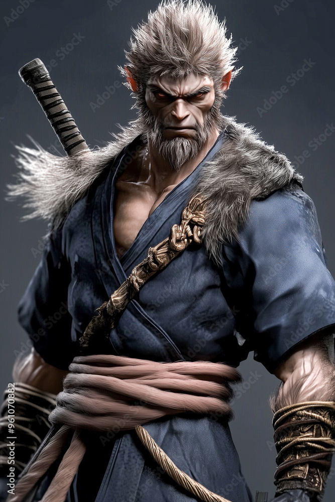 Monkey King in traditional armor and fur cloak evoke a bygone era. The ...