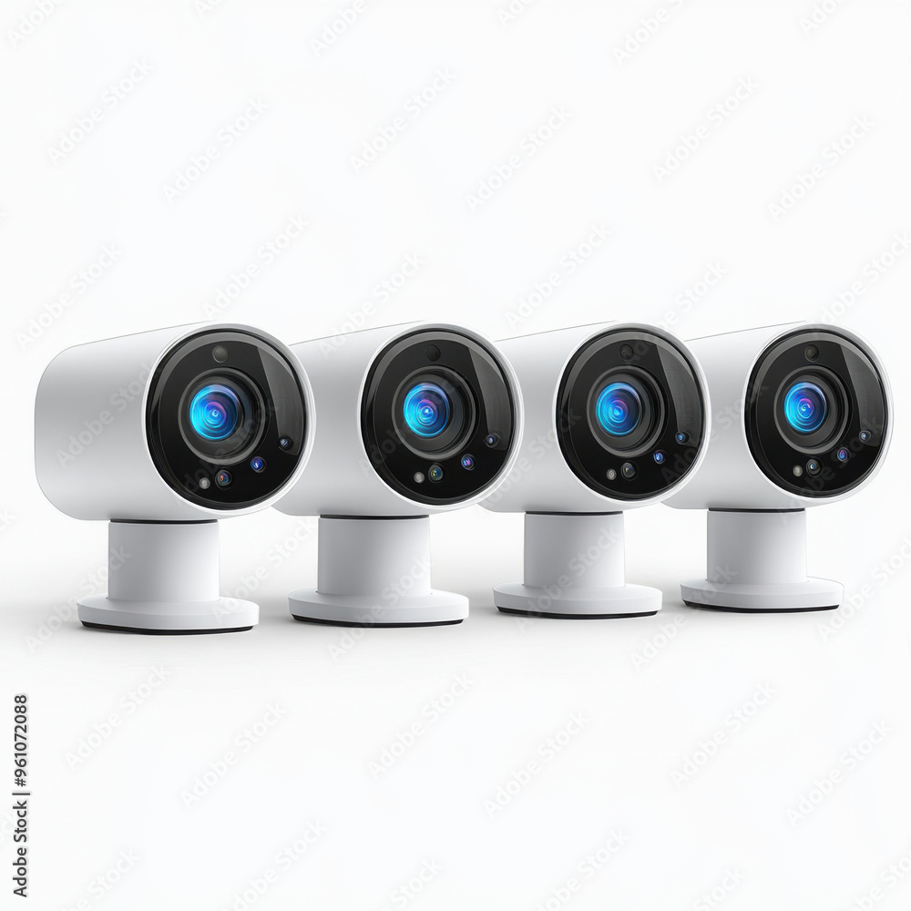 Four white smart security cameras arranged in a row, designed for ...