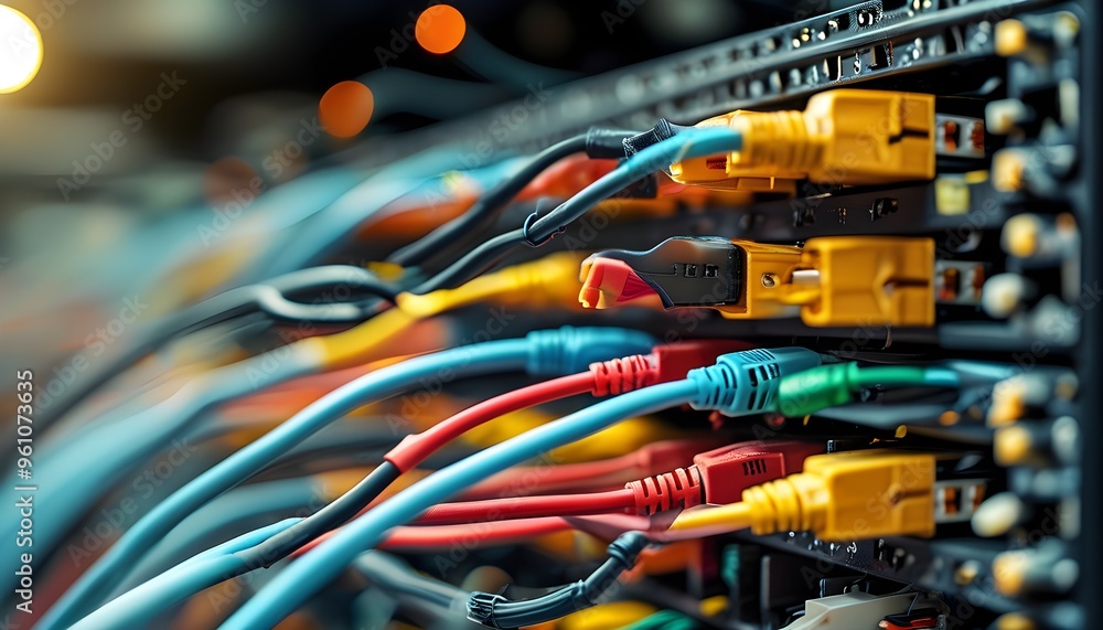 Colorful network cables connecting to a patch panel in a close-up view Stock Photo | Adobe Stock