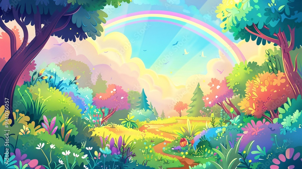 59. Enchanting rainbow-colored cartoon landscape for children, filled ...