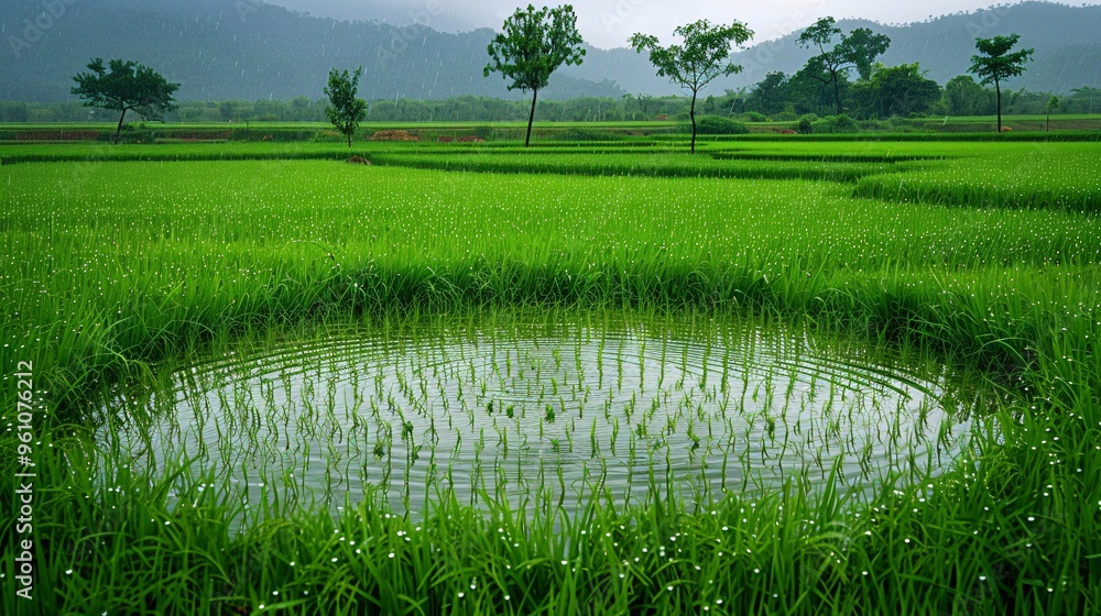 62. Detailed view of vibrant green rice paddies being nourished by ...