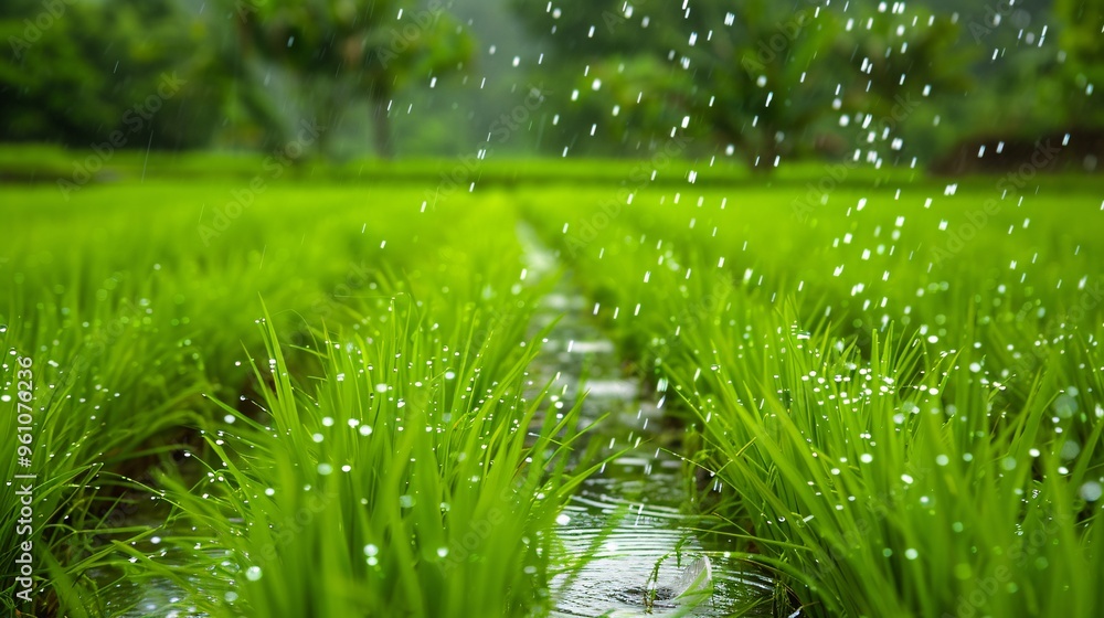 62. Detailed view of vibrant green rice paddies being nourished by ...