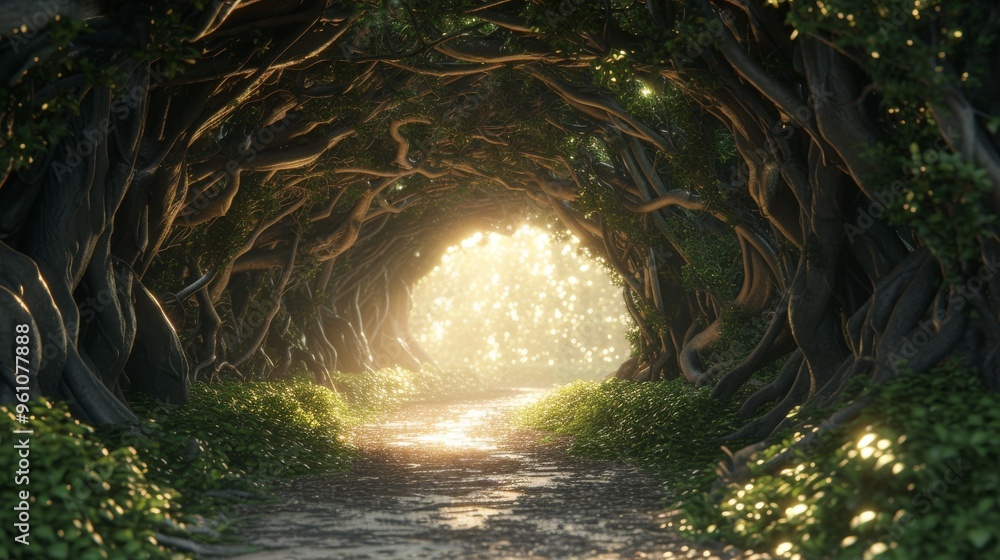 Enchanting tunnel formed by twisted tree roots with a radiant golden ...