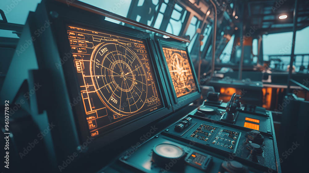 Advanced maritime navigation radar screen glowing in a dimly lit ships ...