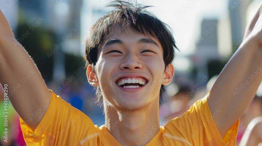 sian person at the finish line of a marathon, exhausted but with a ...