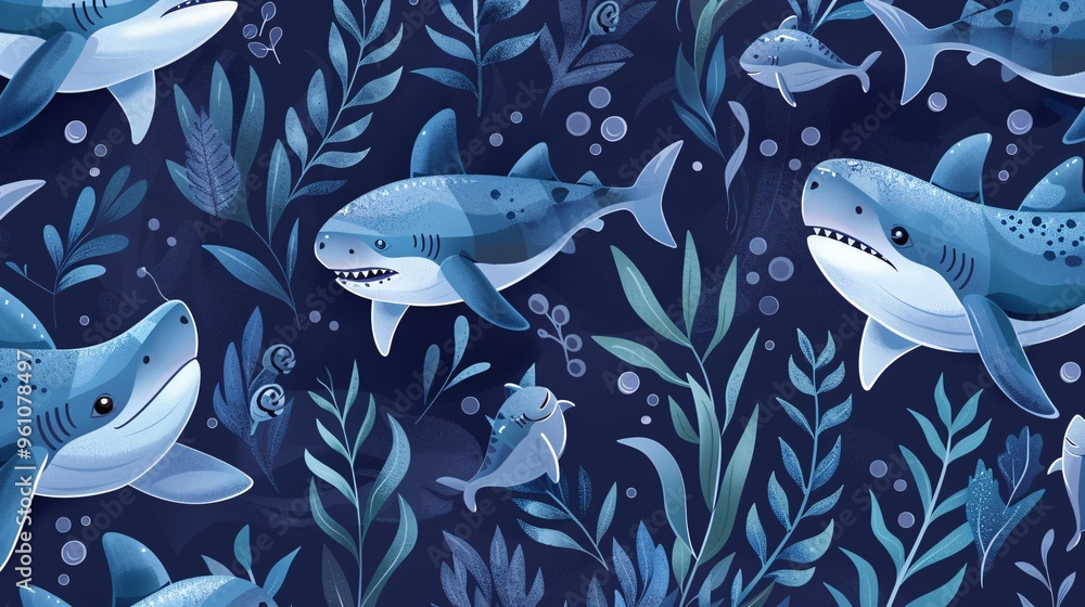 104. Lively underwater world pattern with cute cartoon sharks and ...