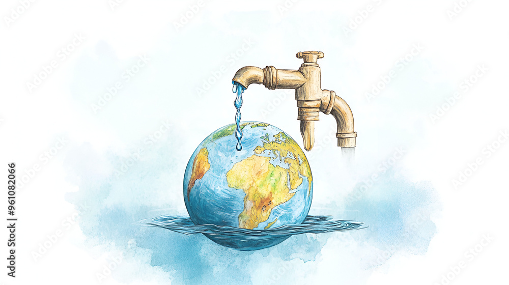 Illustrative design of World Water Day with a tap dripping onto a globe ...