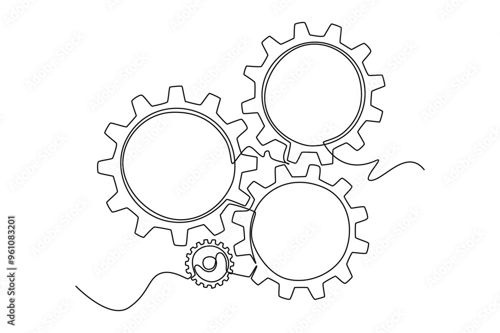 Continuous one line drawing of round metal wheel gear cog for mechanic ...
