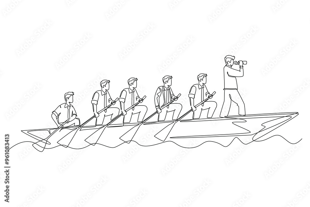 Single continuous line drawing group of male team member take boat ...