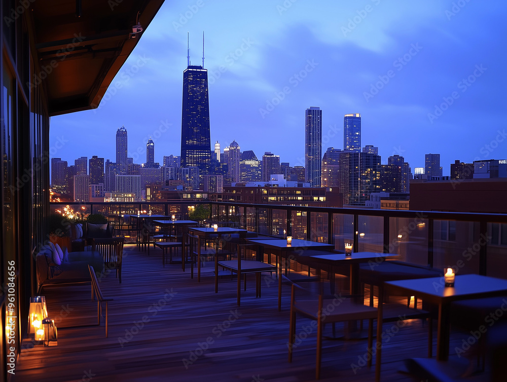 Empty Chicago rooftop restaurant bar club cityscape night skyline event ...