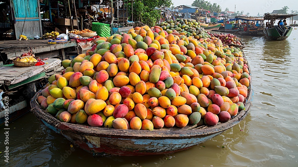 A mango boat at a floating market in Thailand, with piles of mangoes ...