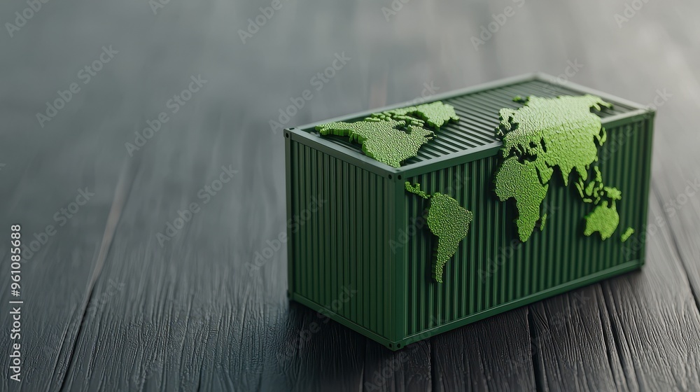 A green shipping container featuring a world map design on its sides ...