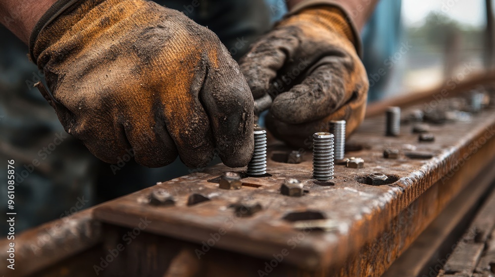Worker hands tightening bolts on a construction site with a focus on ...
