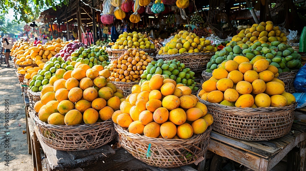A bustling Thai fruit market filled with baskets of different varieties ...