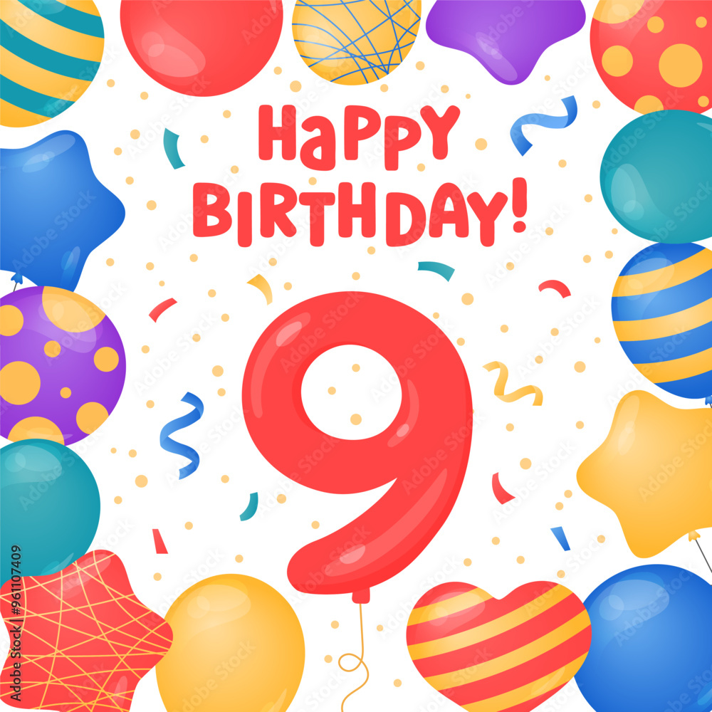 Happy Birthday 9 years card design. Ninth Birthday celebration. Vector ...